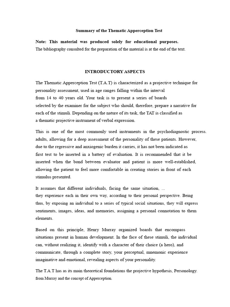 Summary of The Thematic Apperception Test - TAT | PDF | Perception ...