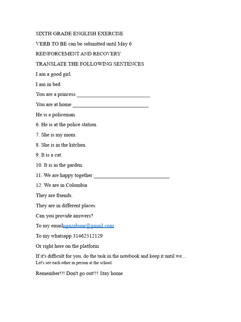 ENGLISH EXERCISE SIXTH GRADE No. 2 | PDF