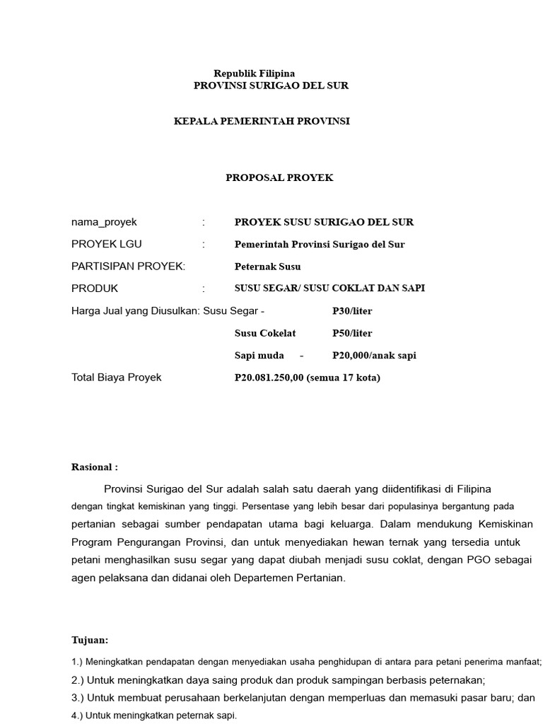 Proposal Proyek Susu Surigao del Sur | PDF