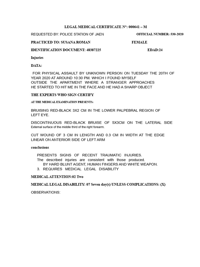 Medical-Legal Certificate 1 | PDF