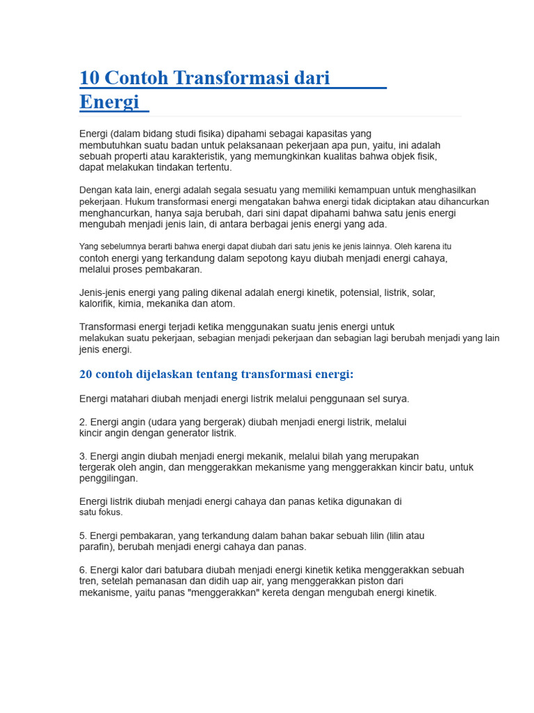 10 Contoh Transformasi Energi | PDF