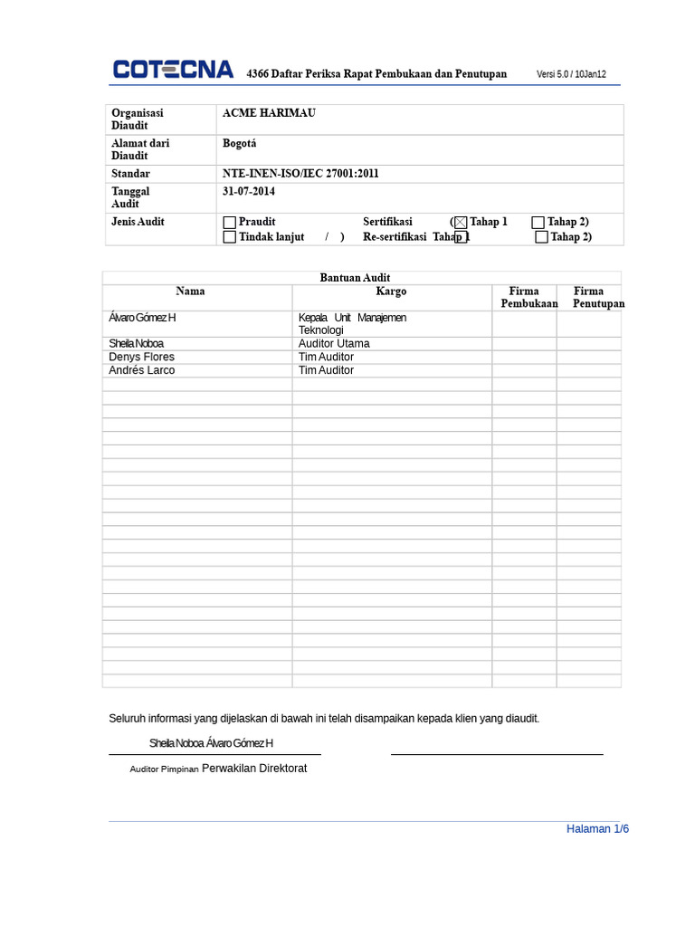 Daftar Periksa Rapat Audit ISO 27001 | PDF