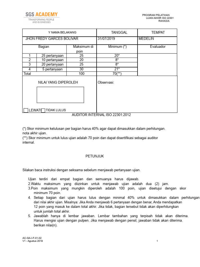 Ujian AI ISO 22301 - 2012 | PDF