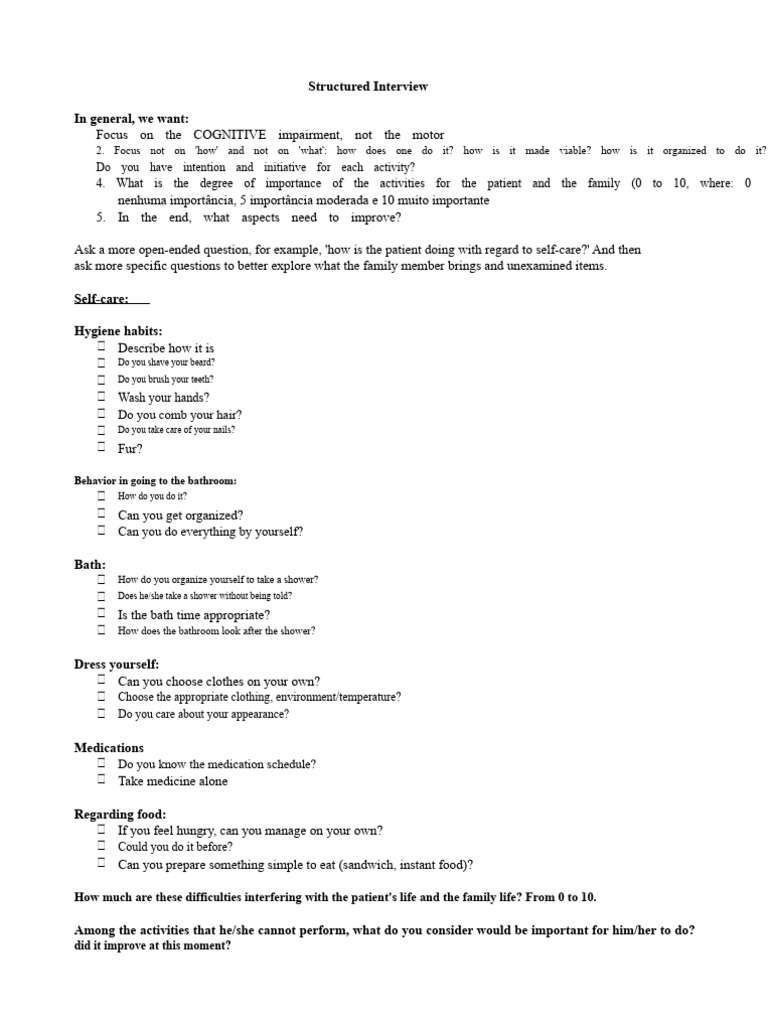 STRUCTURED INTERVIEW MODEL - Elderly | PDF | Psychology | Psychological ...