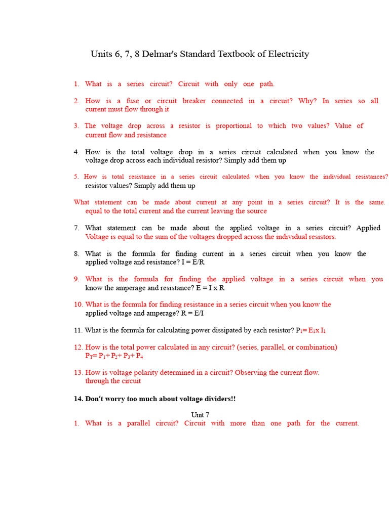 Answers Units 6, 7, 8 Delmar's Standard Textbook of Electricity | PDF ...