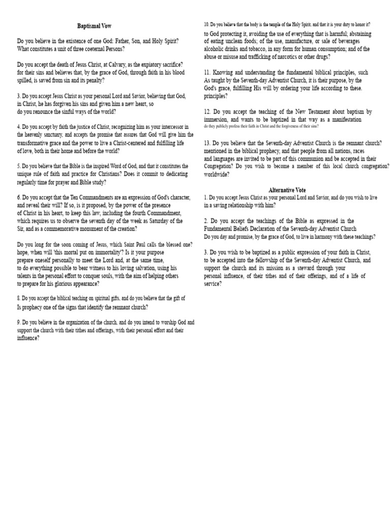 Simplified SDA Baptismal Vows | PDF | Baptism | Jesus