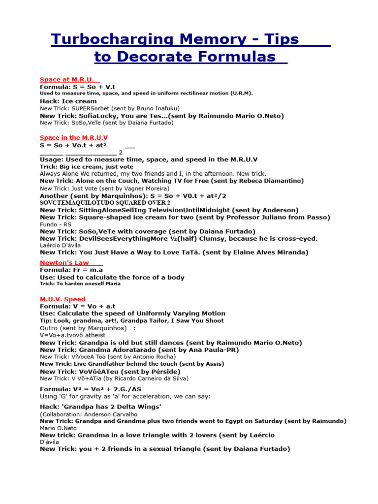 Memory Tricks for Physics Formulas | PDF | Waves | Force