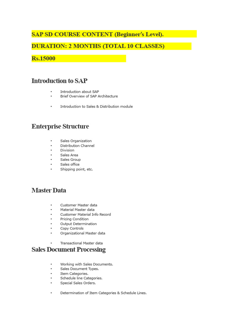 SAP SD Course Content | PDF