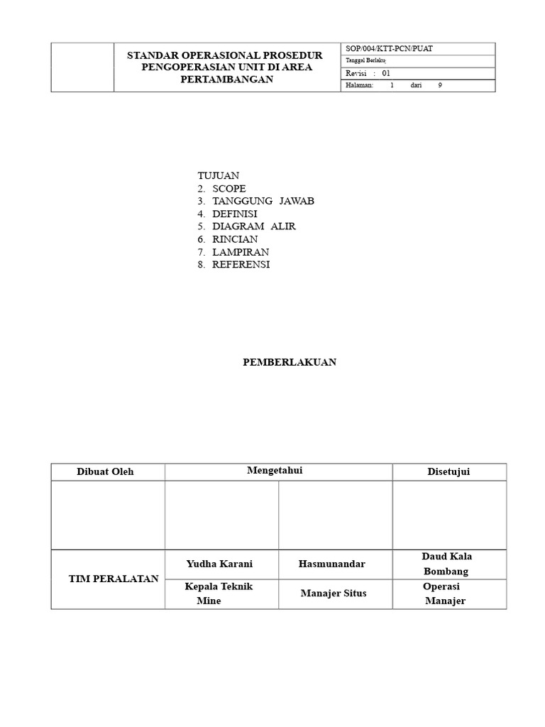SOP Pengoperasian Unit Pertambangan | PDF