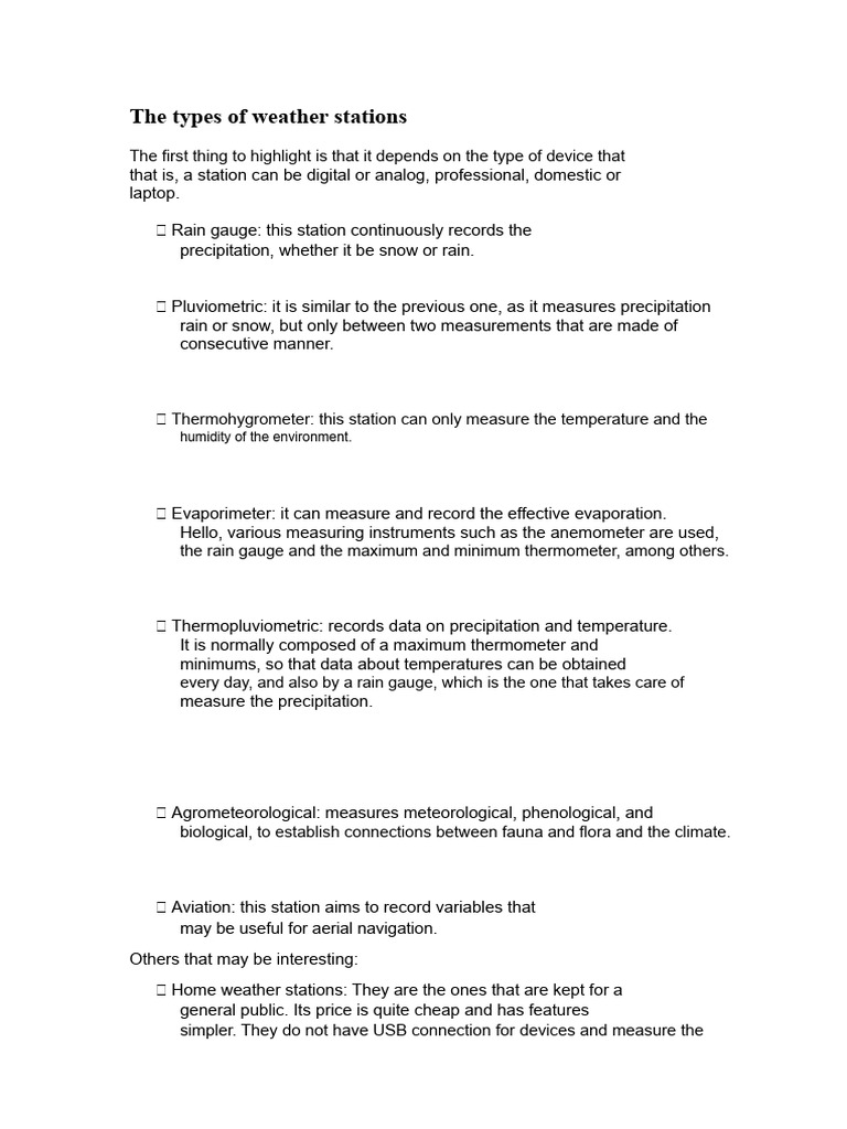 The Types of Weather Stations | PDF | Meteorology | Weather