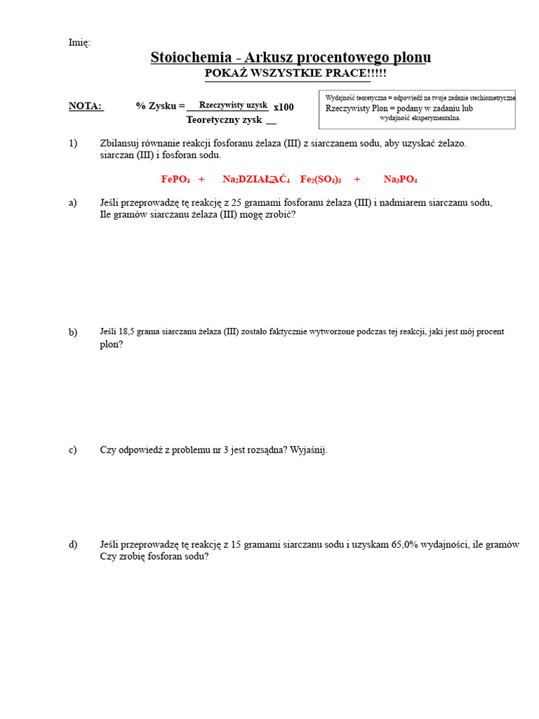 Arkusz Procentowego Uzysku | PDF