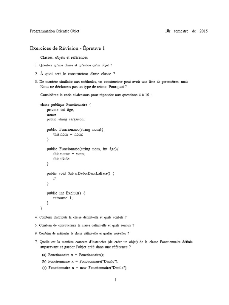 Exercice de Programmation Orientée Objet | PDF | Classe (informatique) | C# (Langage de ...