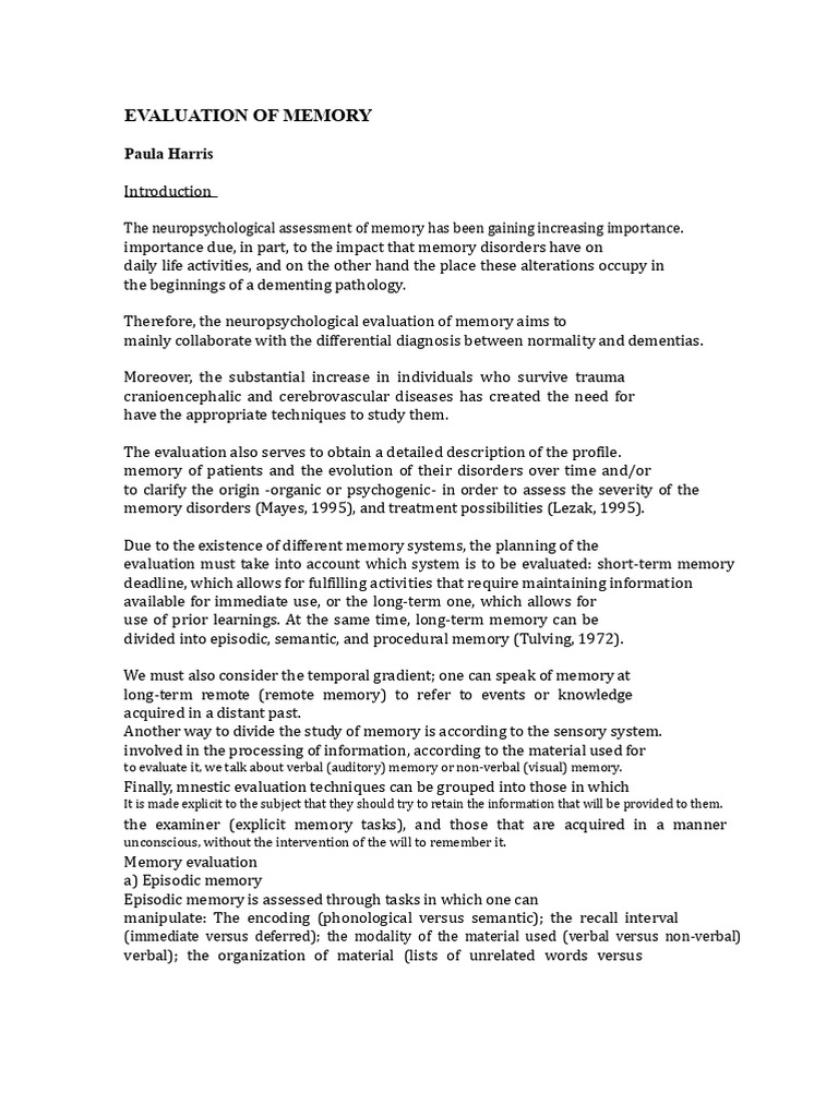 EVALUATION OF MEMORY. Harris | PDF | Memory | Wechsler Adult ...