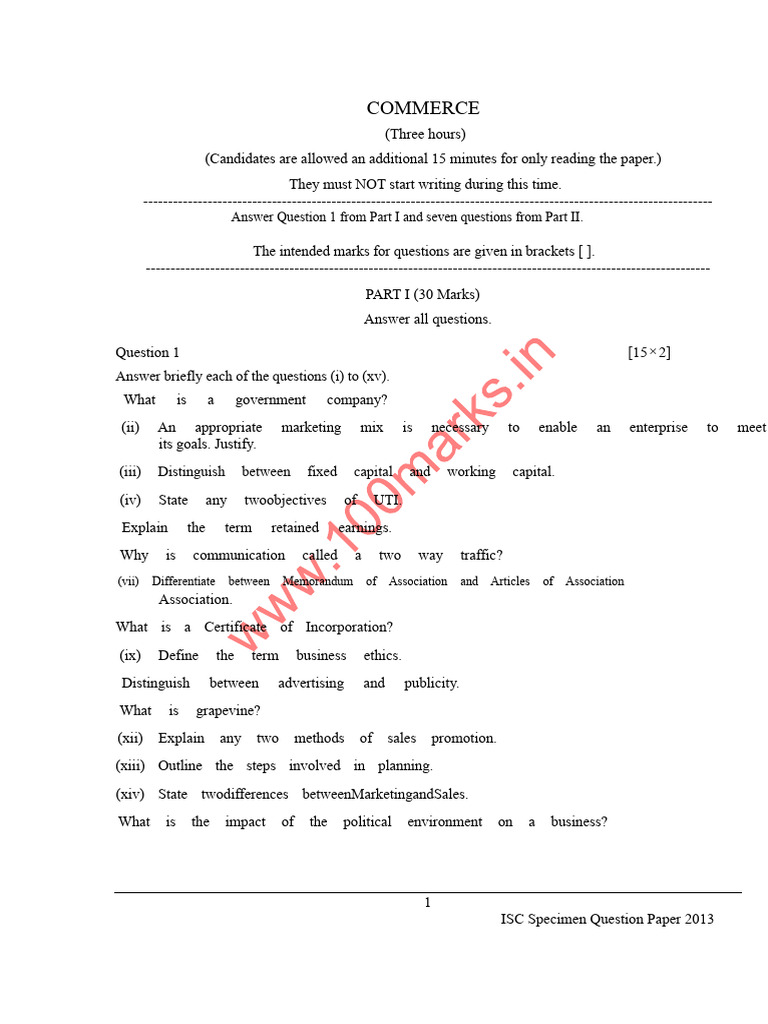Commerce XII ISC Sample Paper | PDF | Business | Economies