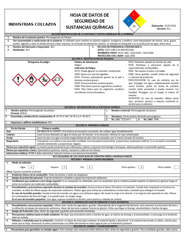 Hoja de Seguridad de Sustancias Quimicas | PDF | Agua | Quemar