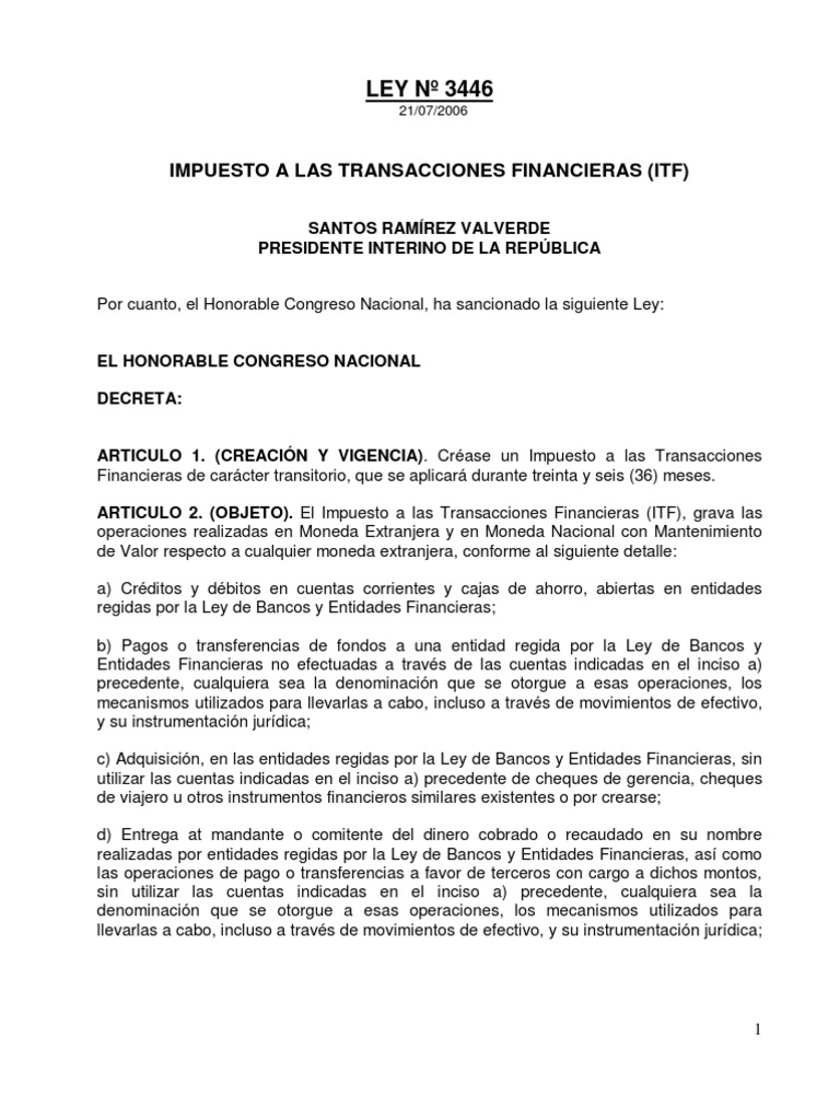 Ley 3446 Impuesto A Las Transacciones Financieras Itf | PDF | Tarjeta de débito | Bancos