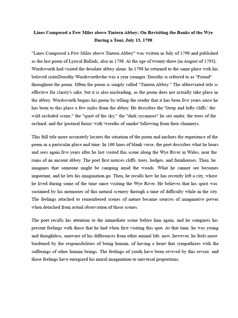 Lines Composed A Few Miles Above Tintern Abbey | PDF | Poetry