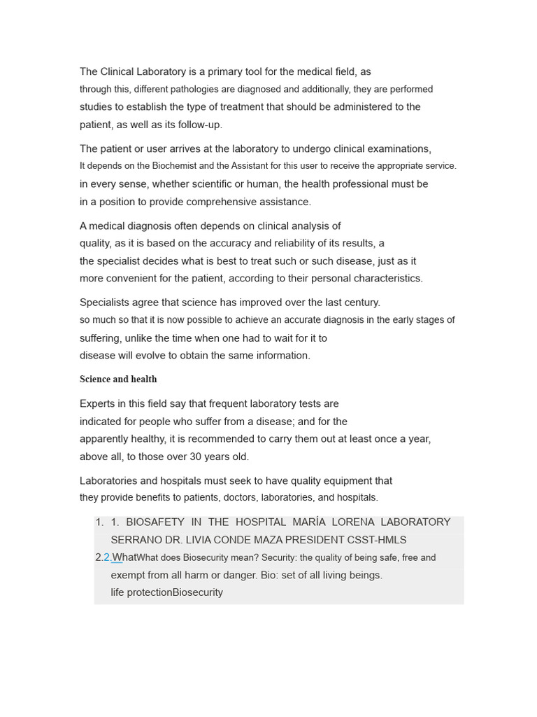 Importance of Clinical Laboratory | PDF | Medical Diagnosis | Pathology