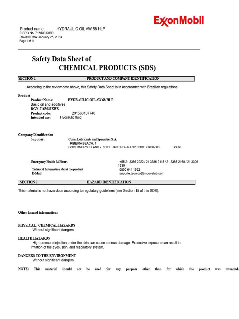 Safety Data Sheet - Hydraulic Oil AW 68 HLP | PDF | Water