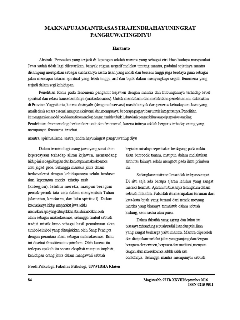 Makna Mantra Jendra Hayuningrat | PDF