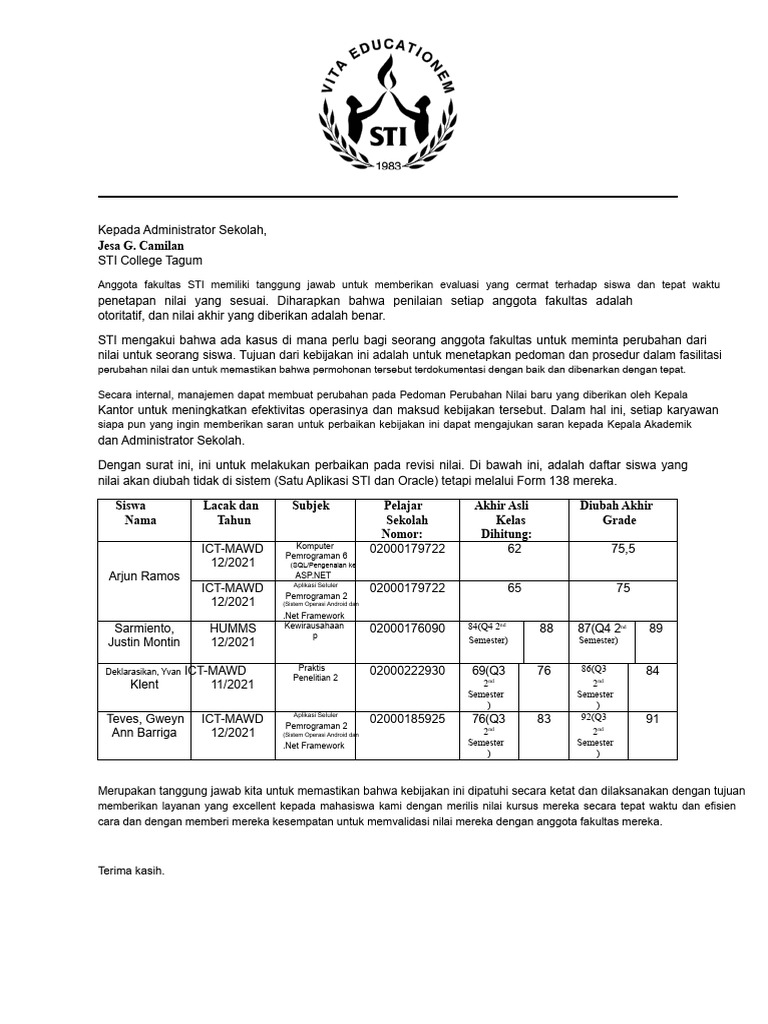 Surat Perubahan Nilai | PDF