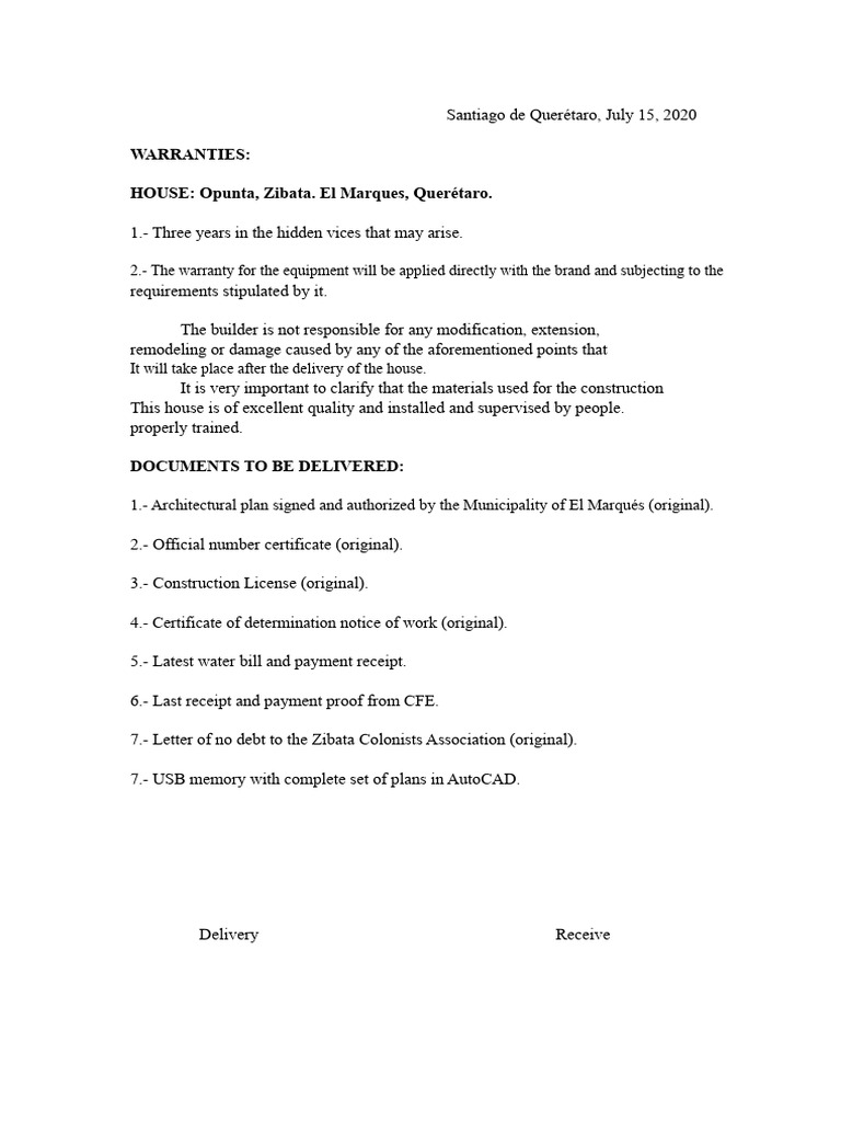 Delivery Letter For Houses | PDF