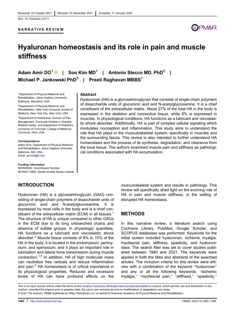 Hyaluronan Homeostasis and Its Role in Pain and Muscle Stiffness | PDF ...