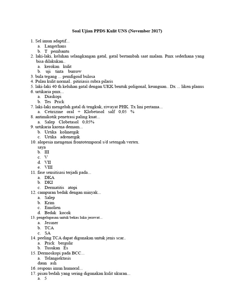Soal Ujian PPDS Kulit UNS 2017 | PDF