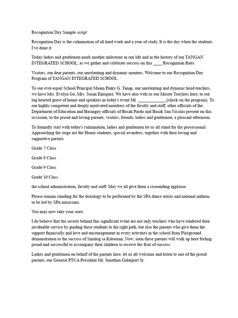 Recognition Day Sample Script | PDF