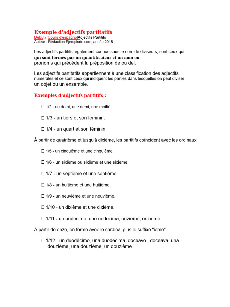Exemples d'adjectifs partitifs | PDF | Linguistique | Morphologie ...