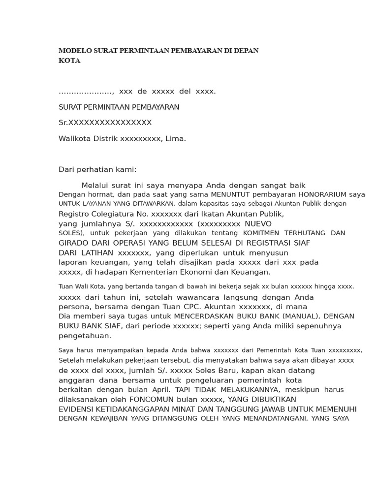 MODEL SURAT PERMINTAAN PEMBAYARAN KE DEPAN KOTA.docx | PDF