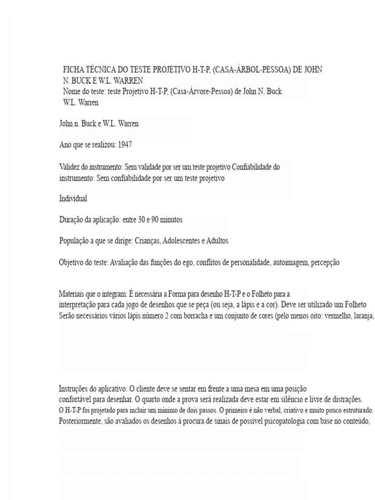 Teste Projetivo H-T-P: Casa-Árvore-Pessoa | PDF | Desenho