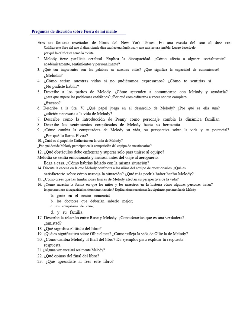 Preguntas de Discusión para "Fuera de Mi Mente" | PDF