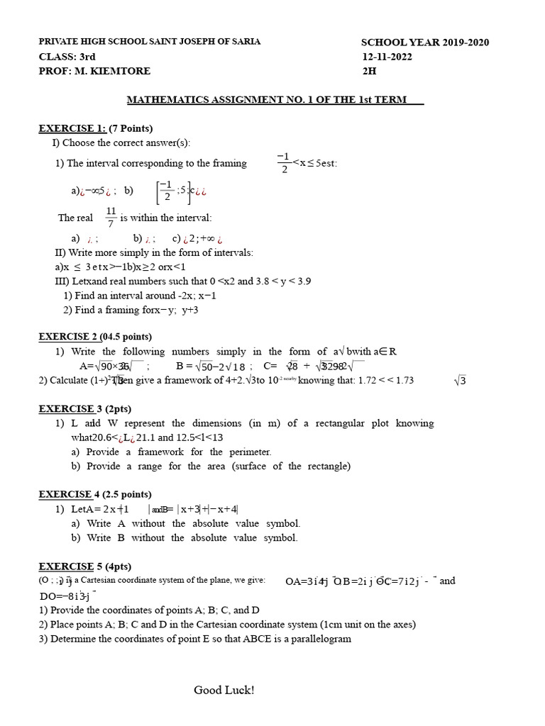 MATH ASSIGNMENT No. 1 For 3rd Year of The 1st TERM 2020-2021 | PDF ...