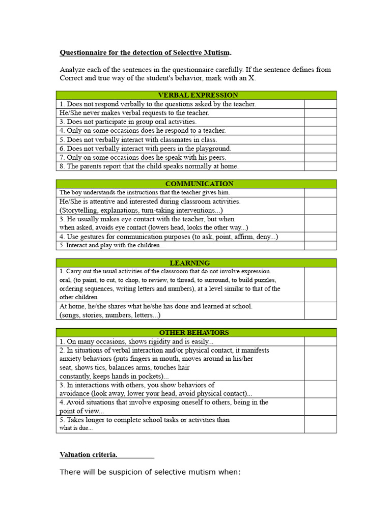 Questionnaire For The Detection of Selective Mutism | PDF ...