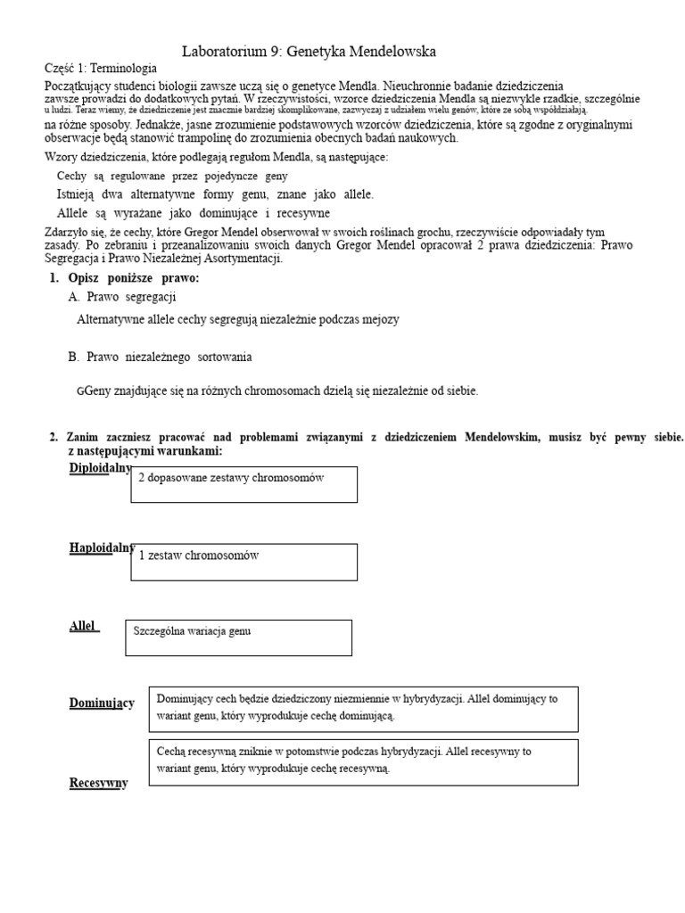 Odpowiedzi Laboratorium 9 Genetyka Mendela | PDF