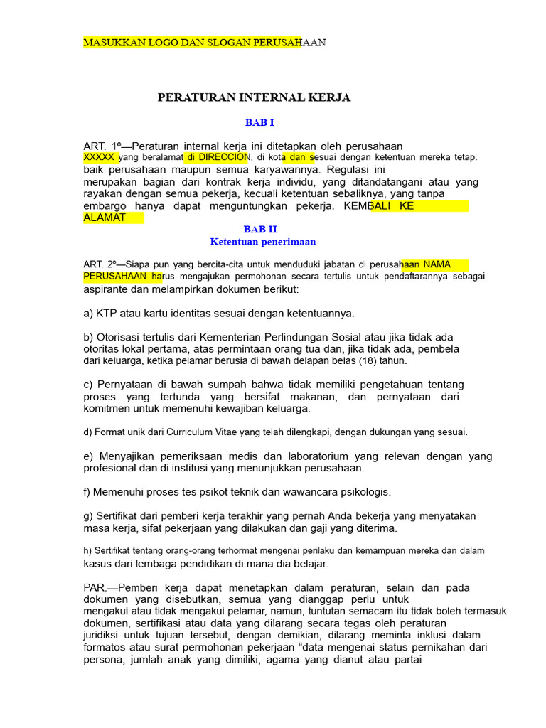 Peraturan Internal Kerja Untuk Penyesuaian | PDF