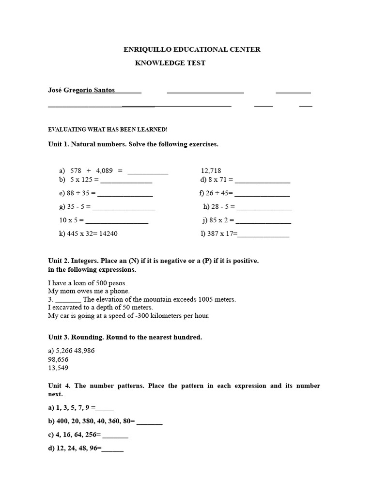 Sixth Grade Primary School Math Exam | PDF
