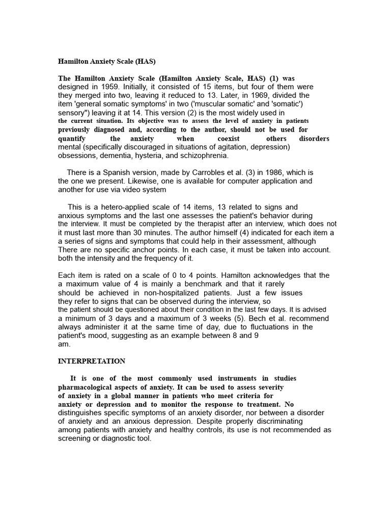 Hamilton Anxiety Scale Overview | PDF | Anxiety | Major Depressive Disorder