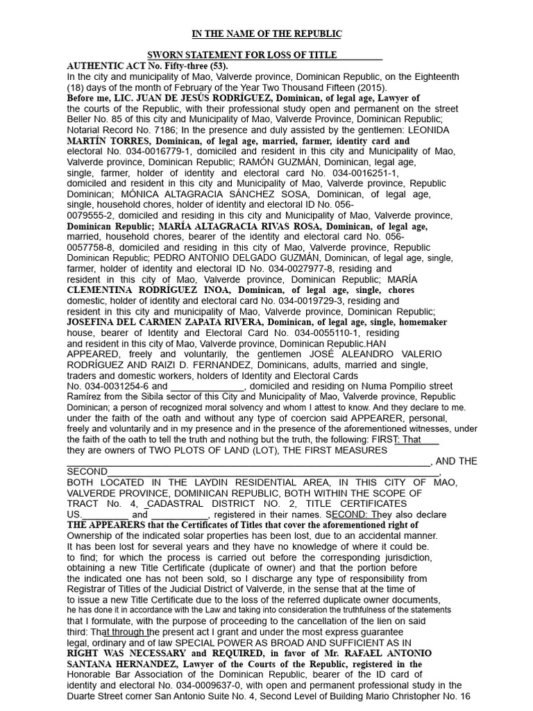 Sworn Statement of Title Loss Juan de Jesus Tarea | PDF | Justice ...
