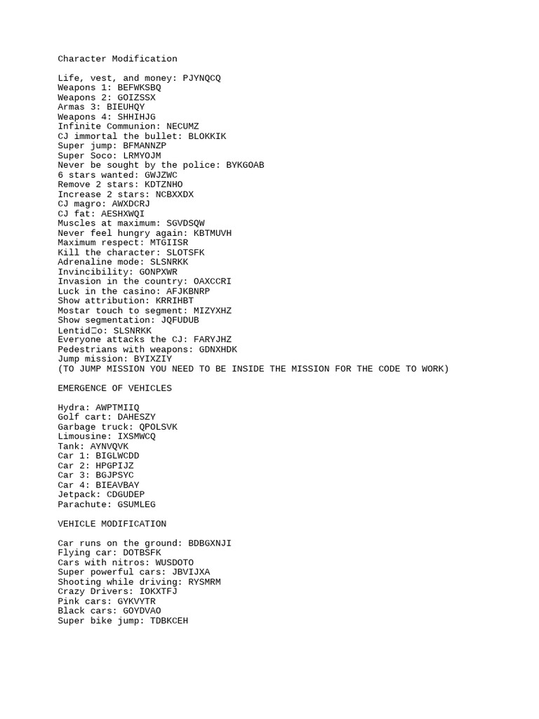 GTA San Andreas Android Cheat Codes | PDF