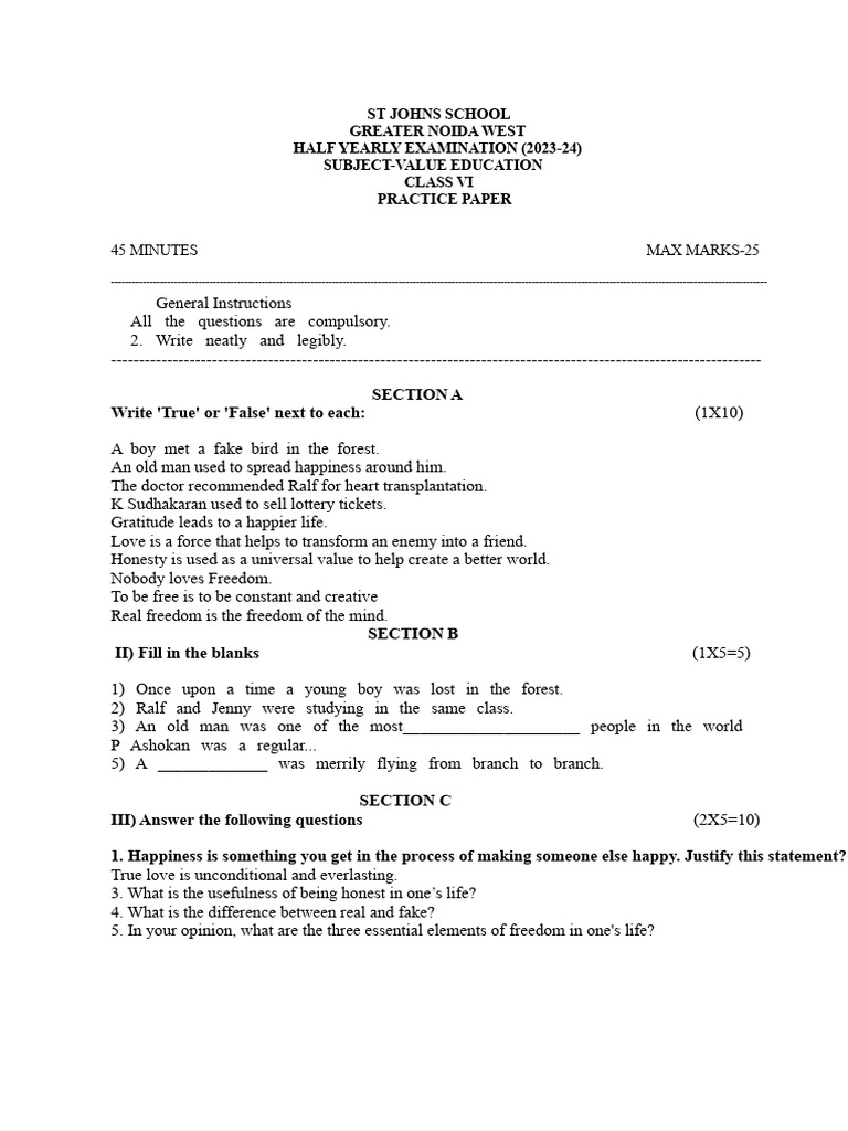 VALUE EDUCATION Practice Paper CLASS 6 30.8.2023 School Final.1 | PDF