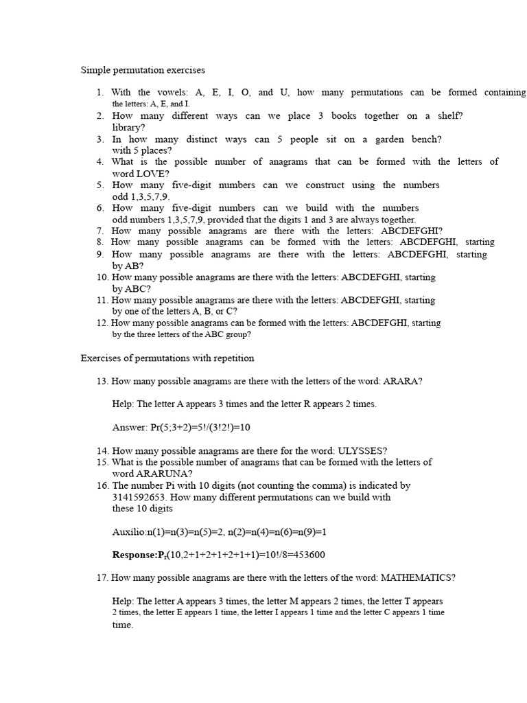 Simple Permutation Exercises | PDF | Permutation | Mathematics