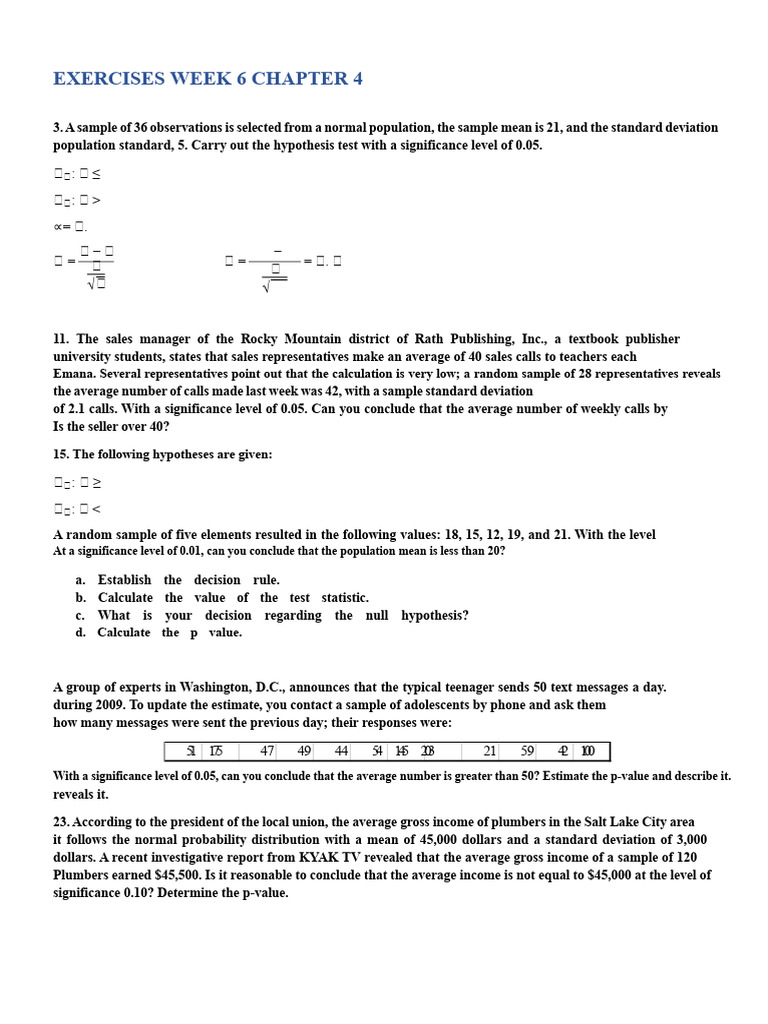 Exercises Week 6 Chapter 4 | PDF | Statistical Significance | P Value