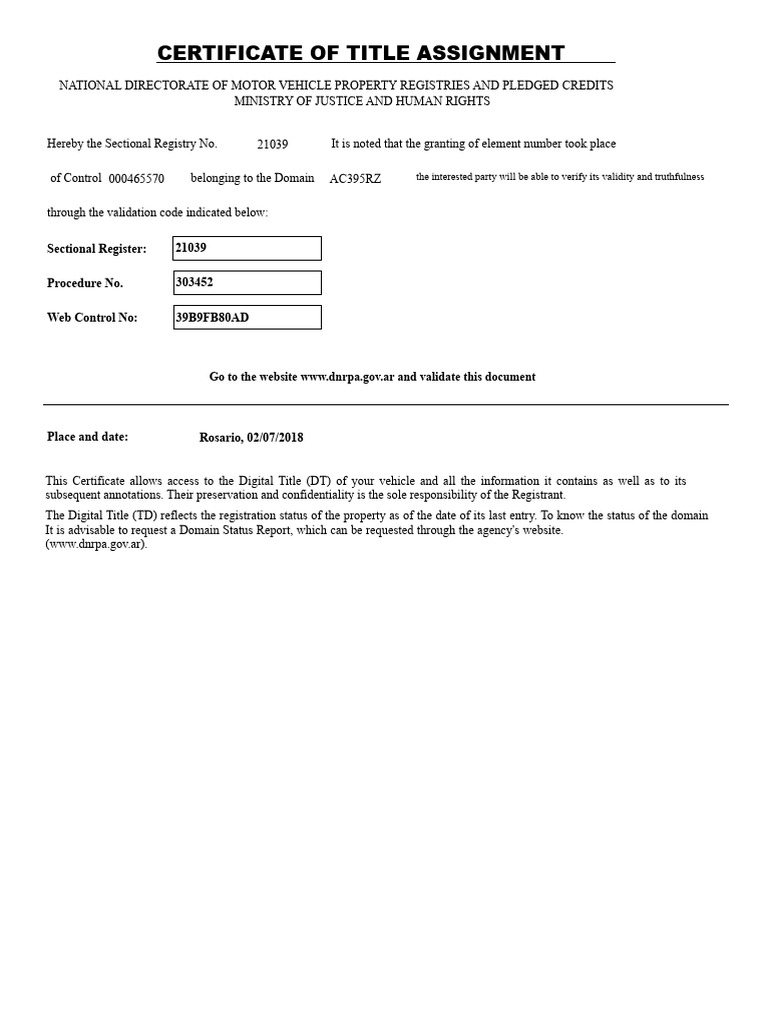 Vehicle Title Certificate - Rosario | PDF