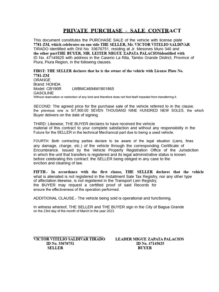 Vehicle Purchase Sale Contract Template | PDF | Vehicle Registration ...
