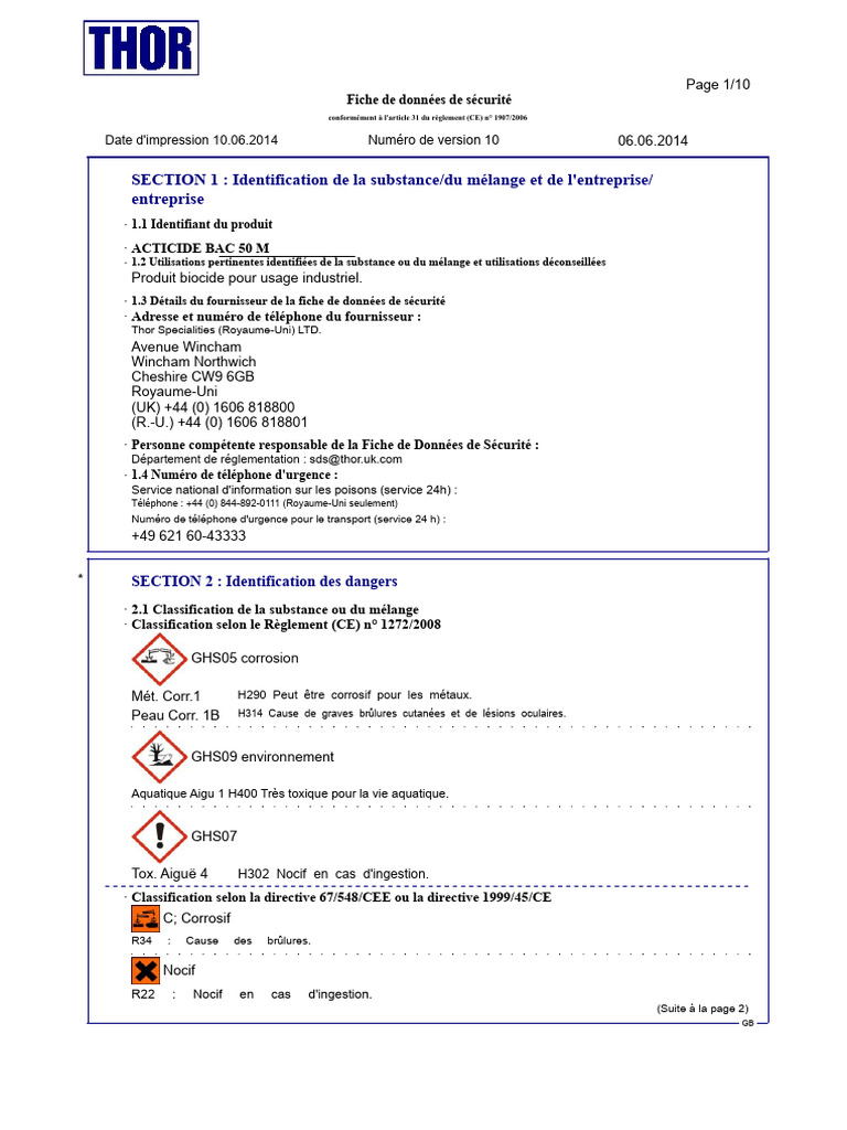 Fiche de données de sécurité ACTICIDE BAC 50 M | PDF | Corrosion | Eaux ...