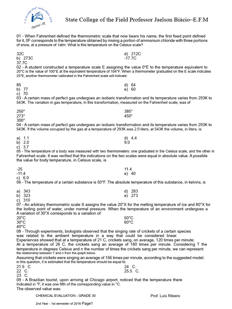 Temperature Conversion and Measurement Quiz | PDF | Temperature ...