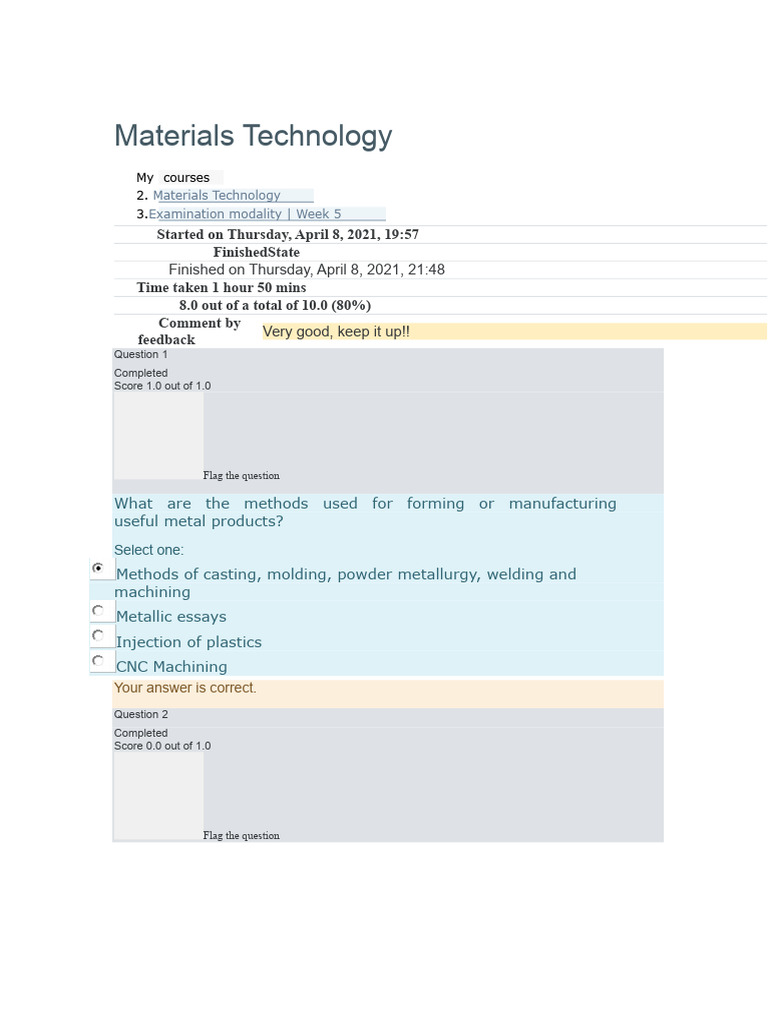 Exam 5 Materials Technology | PDF | Metals | Steel