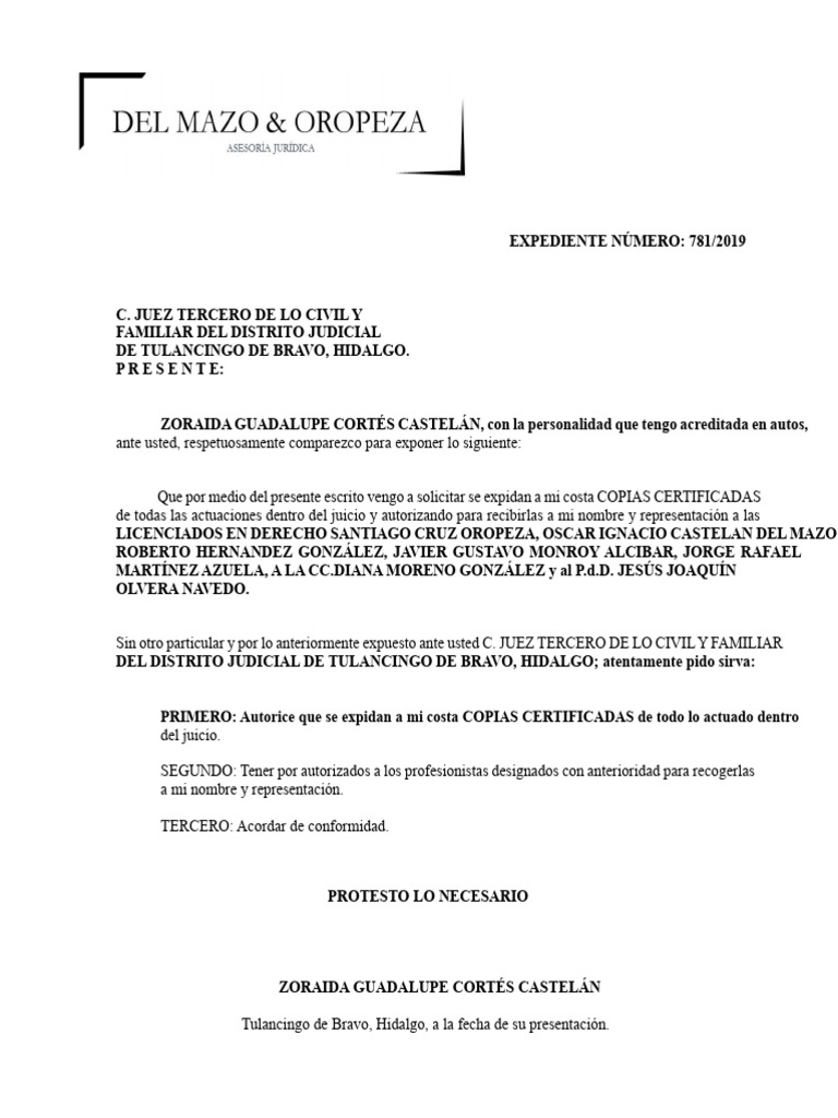 Solicitud De Copias Certificadas En Juicio Pdf